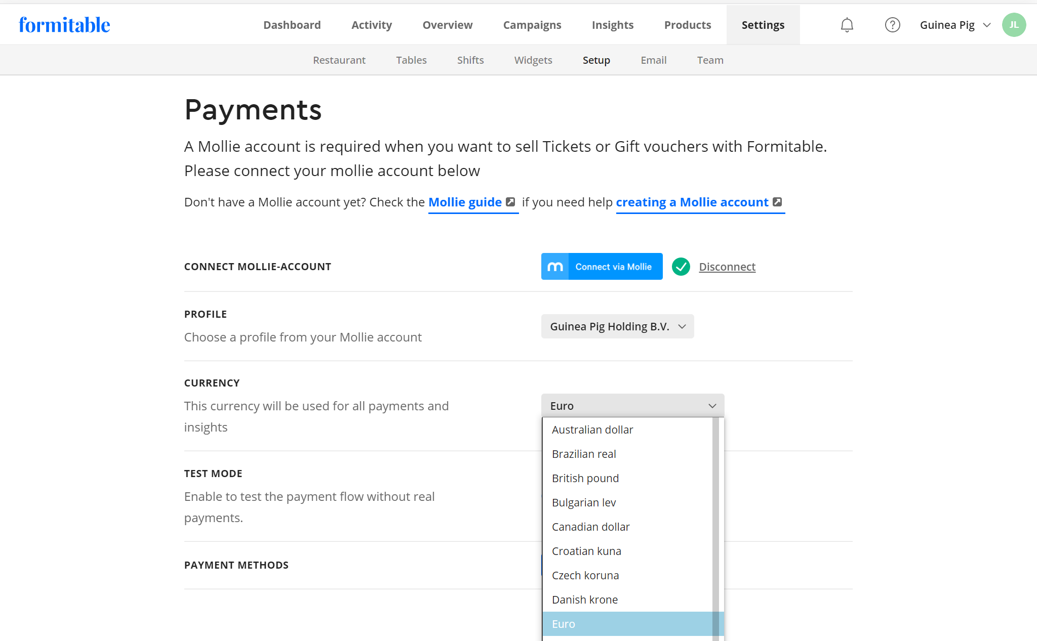 Verander de valuta van je restaurant – Formitable
