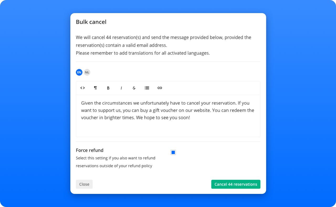 Cancel multiple reservations and send messages – Formitable